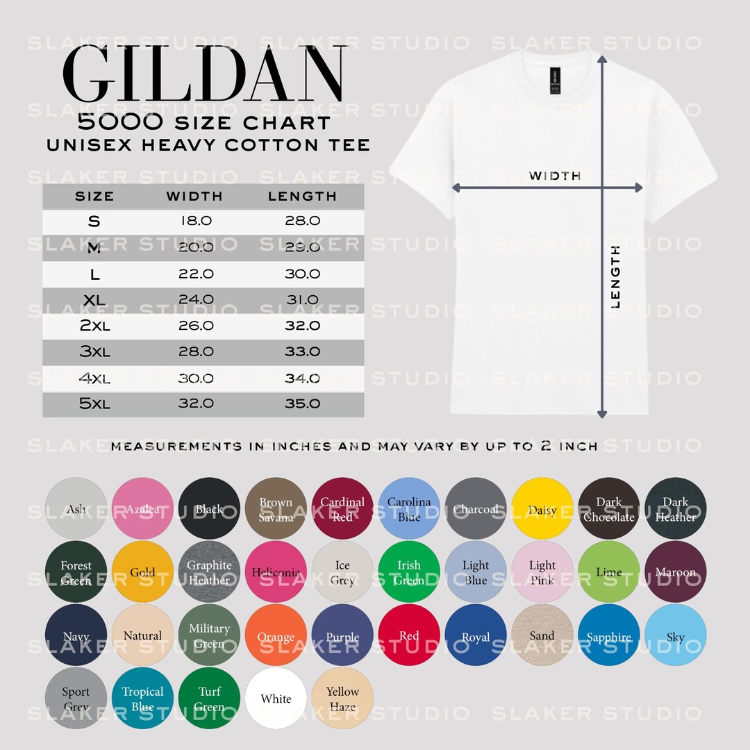 Editable Gildan 5000 Color and Size Chart, Gildan G5000 Colour Chart ...