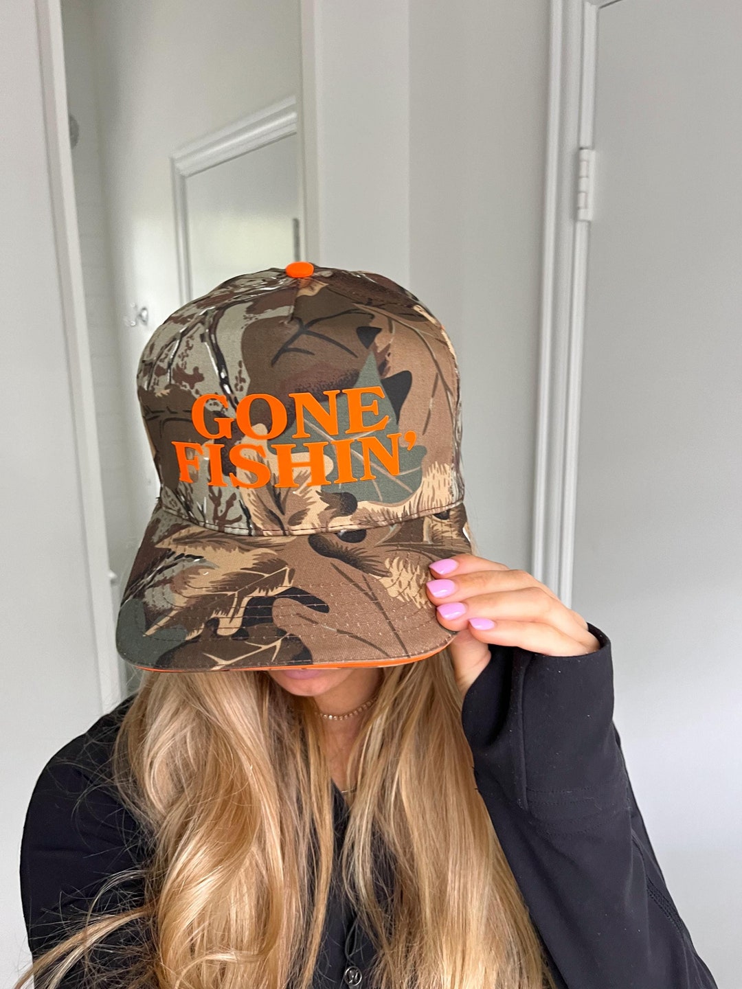 Gone Fishin Camo Trucker Hat - Country - Fishing Hat - Neon Orange - Etsy