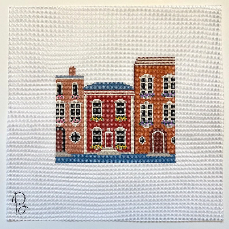 Spring Brownstones Houses Needlepoint Canvas Handpainted Flowers New ...