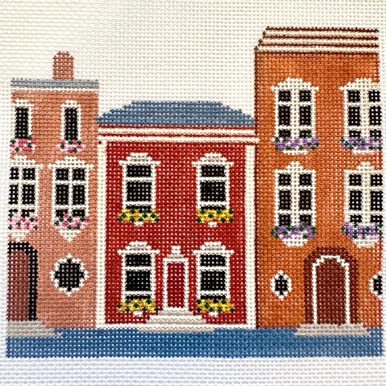 Spring Brownstones Houses Needlepoint Canvas Handpainted Flowers New ...
