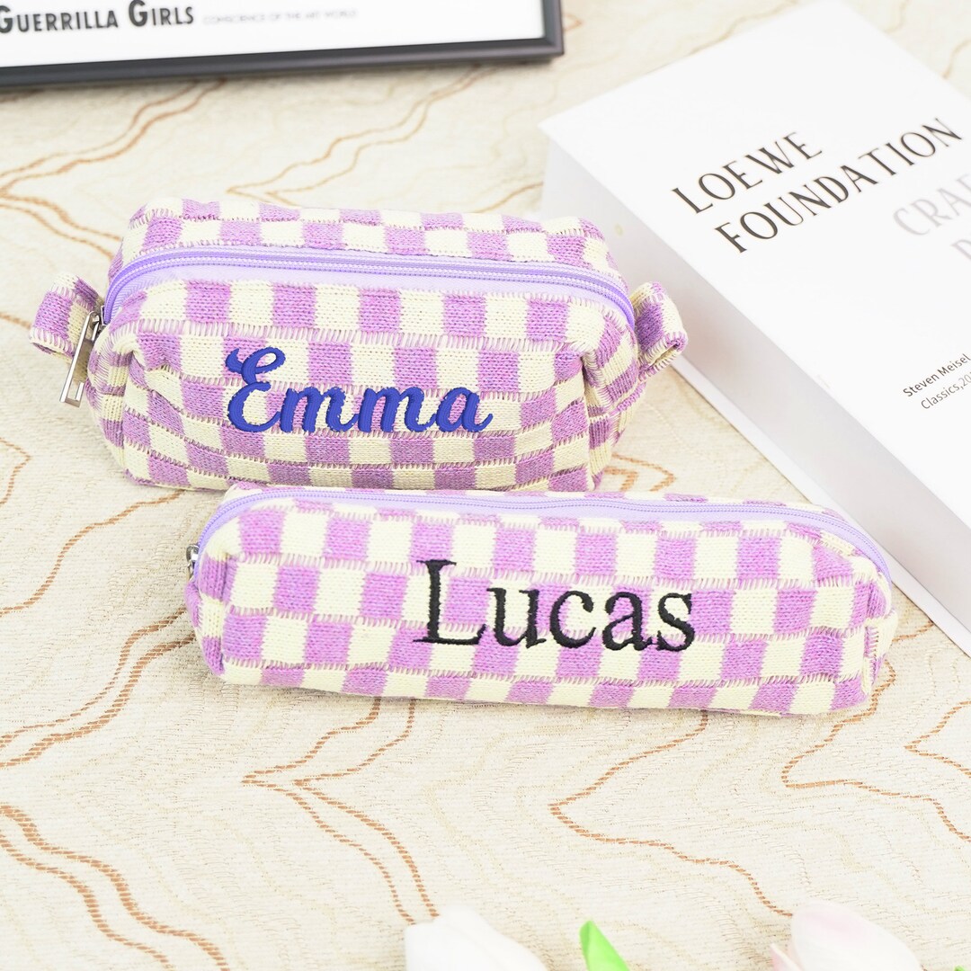 Personalized Knitted Checkerboard Plaid Makeup Bag & Checkered Pencil ...