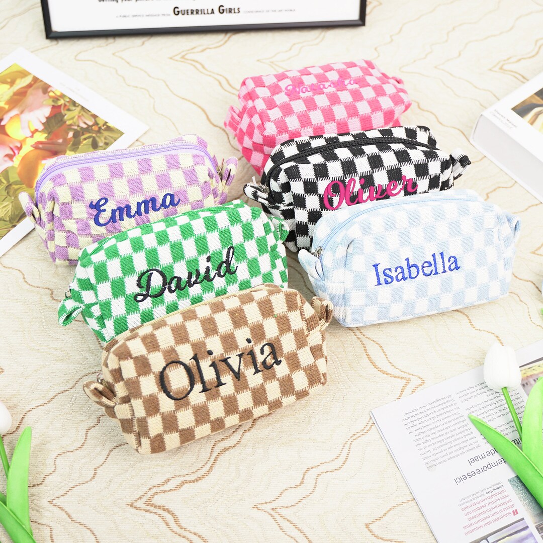 Personalized Knitted Checkerboard Makeup Bag: Plaid Travel Pouch Set - Etsy