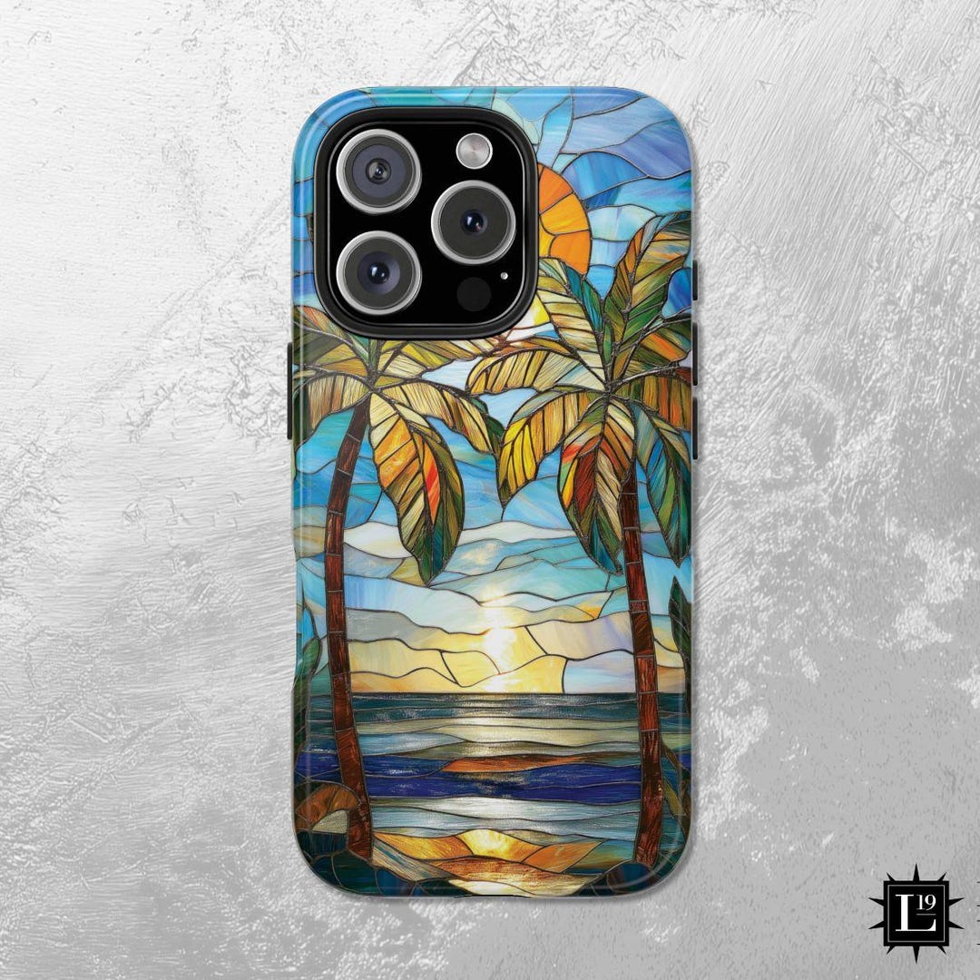 Palm Trees and Sunset Stained Glass Look iPhone Case, Unique Tough Case ...