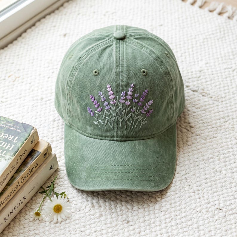 Embroidered Lavender Flower Embroidered Baseball Cap, Washed Cotton ...