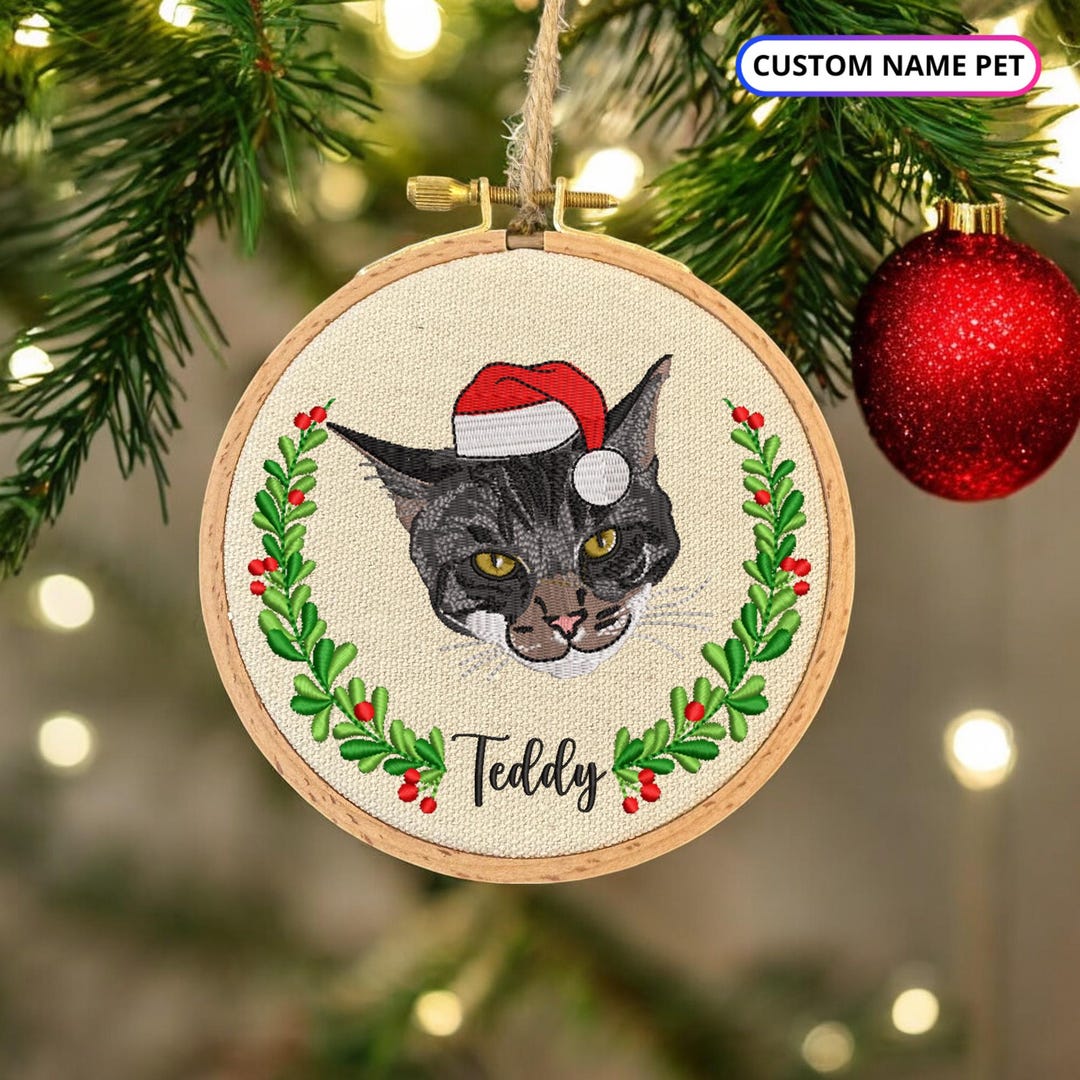 Embroidered Tabby Cat Ornament, Custom Name Cat Ornament, Christmas ...