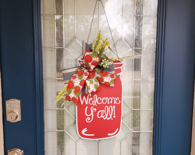 Everyday Mason Jar Door Hanger, Summer Strawberry Front Door Decor, Red ...
