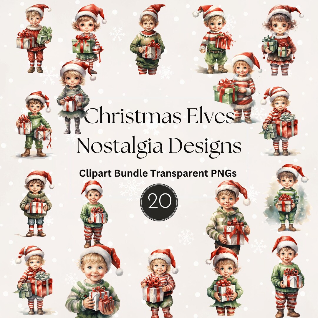 Nostalgic Christmas Elves Clipart Set 20 PNG Images for Holiday ...