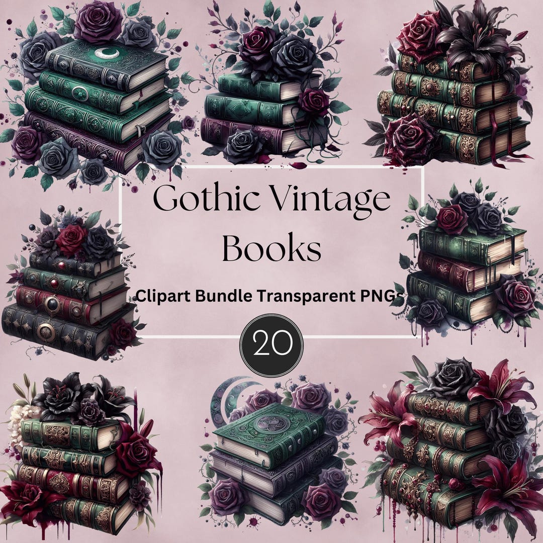 Gothic Vintage Books Clipart Set, PNG Dark Academia, Gothic Floral ...