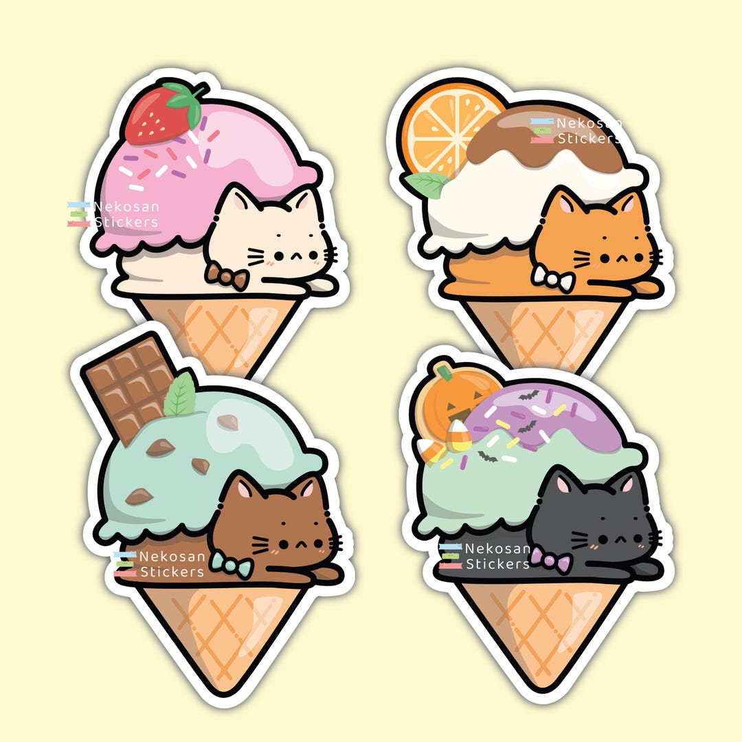 Cute Cat Ice Cream Glossy Vinyl Sticker, Orange Cat, Brown Cat, Cream ...