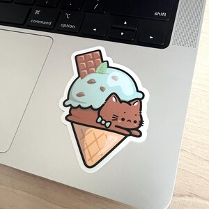 Cute Cat Ice Cream Glossy Vinyl Sticker, Orange Cat, Brown Cat, Cream ...