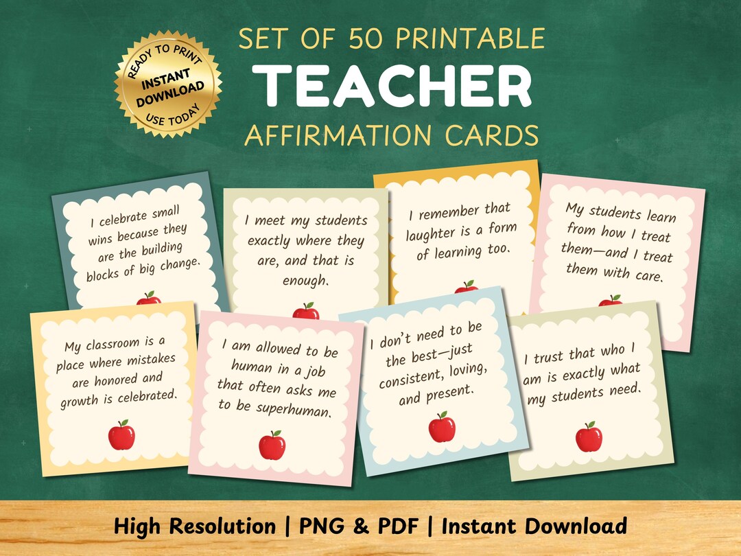 Printable Teacher Affirmation Cards: 50 Positive Mindset Cards (PDF) - Etsy