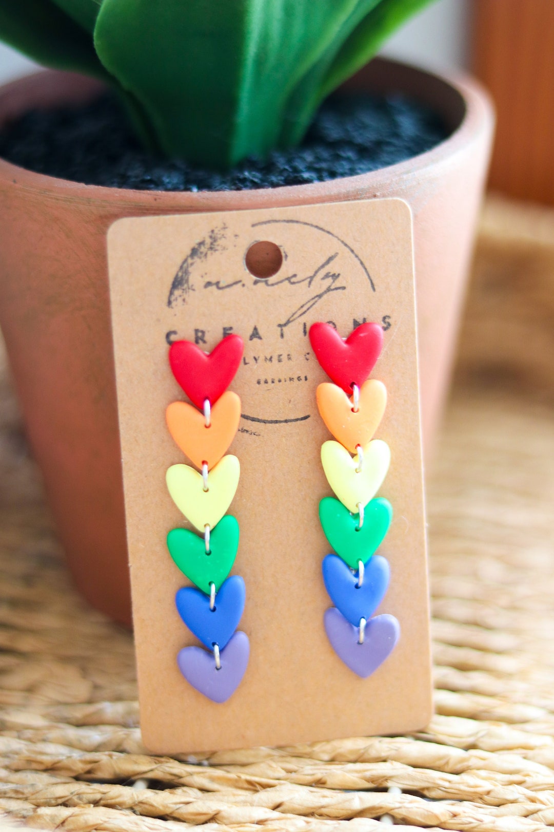 Rainbow Heart Chain Drop Earrings / Polymer Clay Earrings / Summer ...