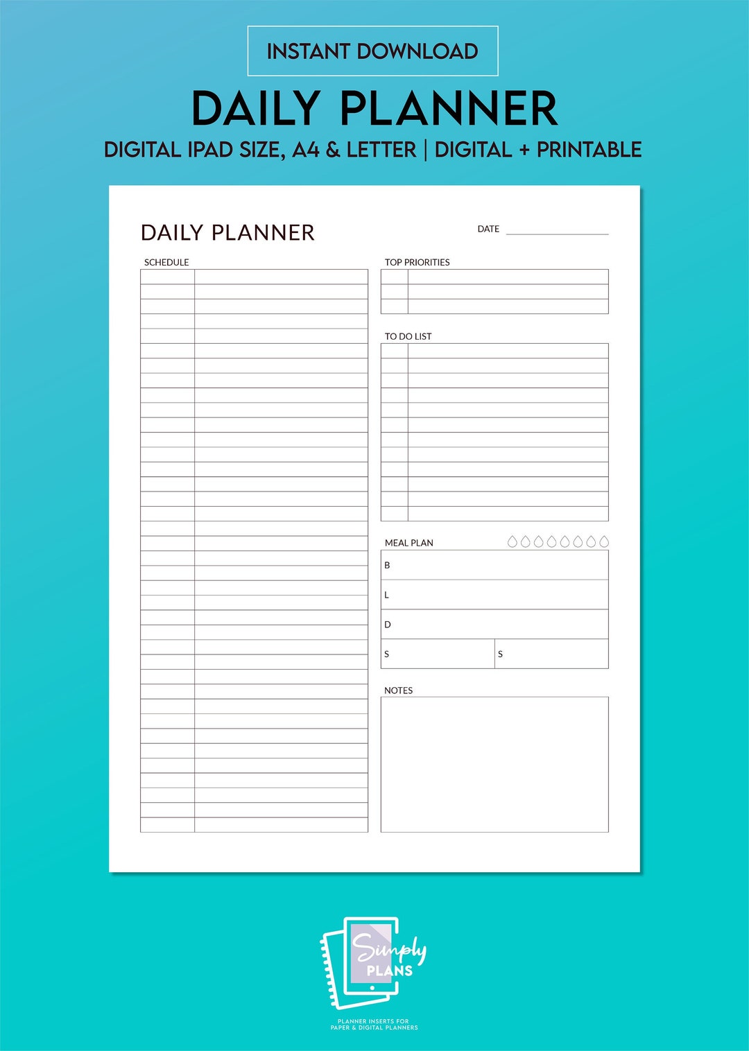 Daily Planner Printable, Digital Planner Insert, Daily Planner Ipad ...