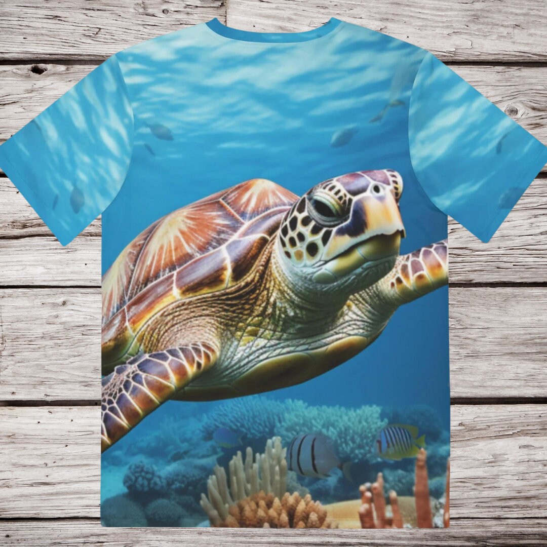 Sea Turtle on Coral Reef, Printed on All Sides, Men's Polyester Tee ...
