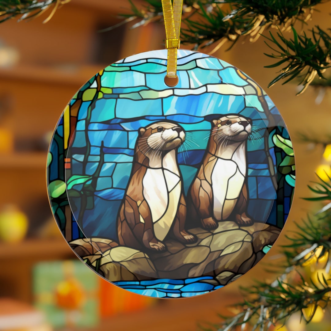River Otters Tiffany Stained Glass Style Printed Beveled Round Glass ...