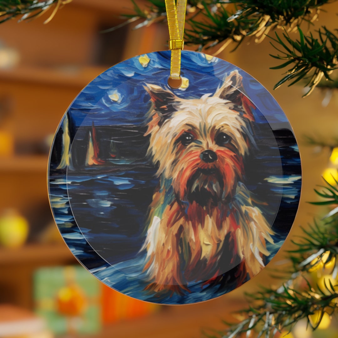 Yorkie Starry Night Printed Beveled Round Glass Christmas Ornament - Etsy