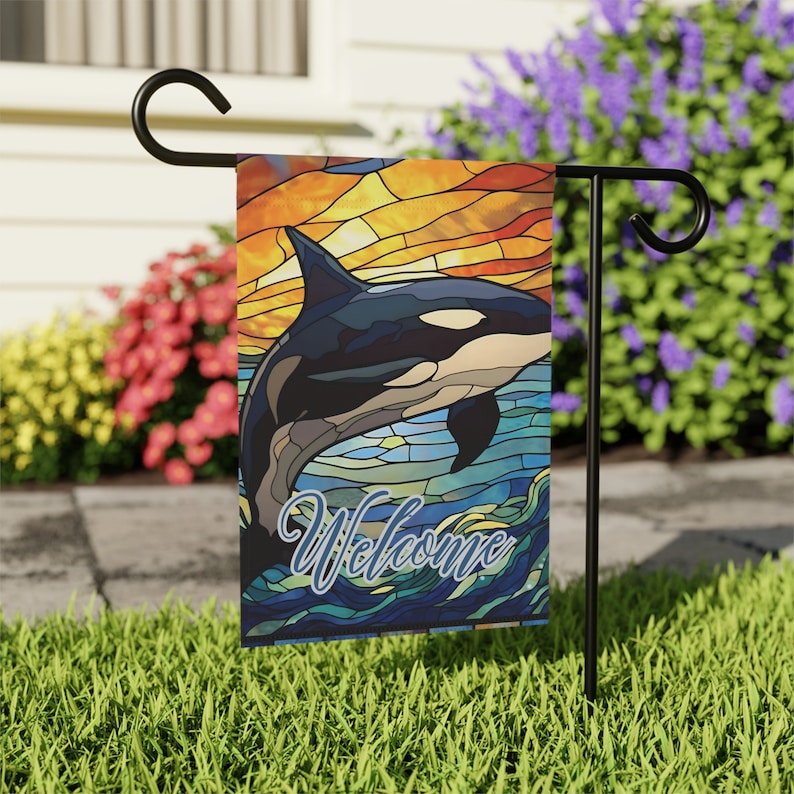 Stained Glass Orca Whale Garden Banner, Orca Whale Flag, Orca Whale ...