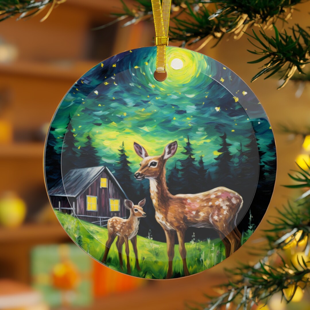 Doe & Faun Starry Night With Aurora Borealis Printed Beveled Round ...