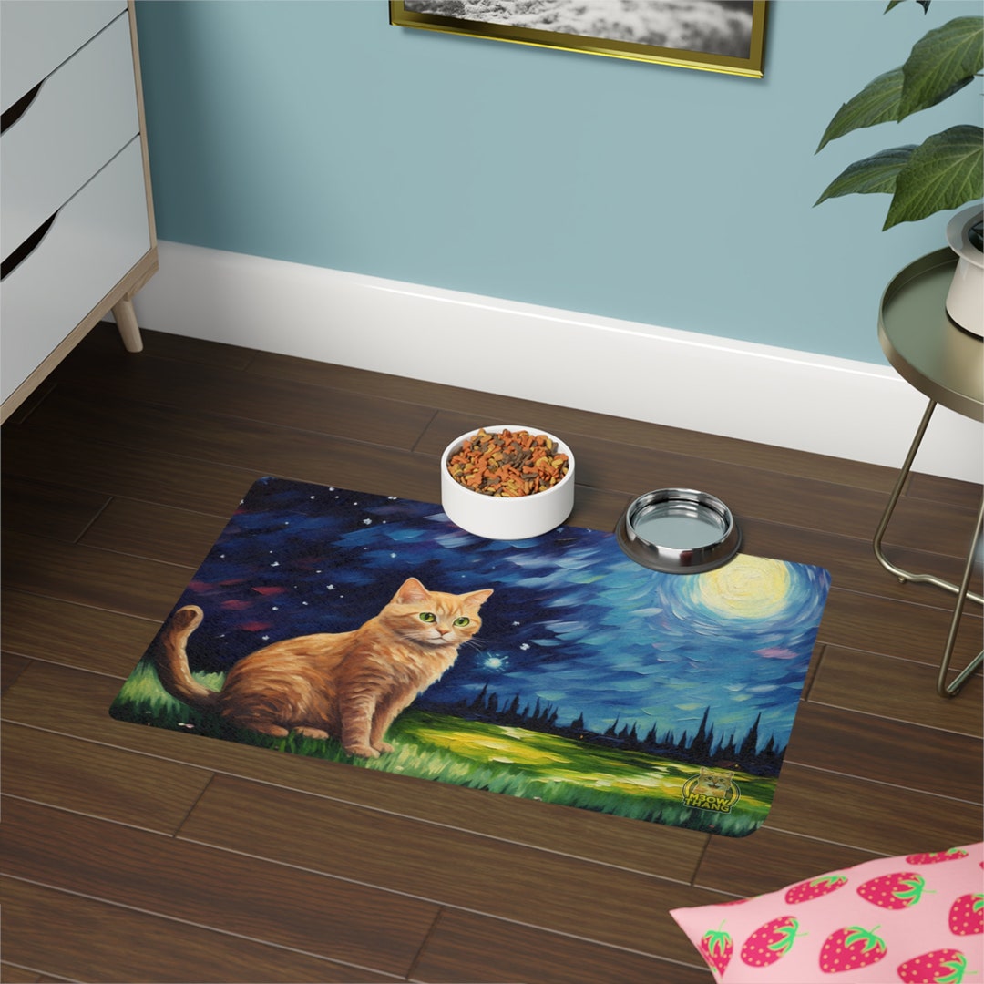 Pet Mat Ginger Cat Starry Night Cat Feeding Mat Non-slip Rubber 12x18 ...