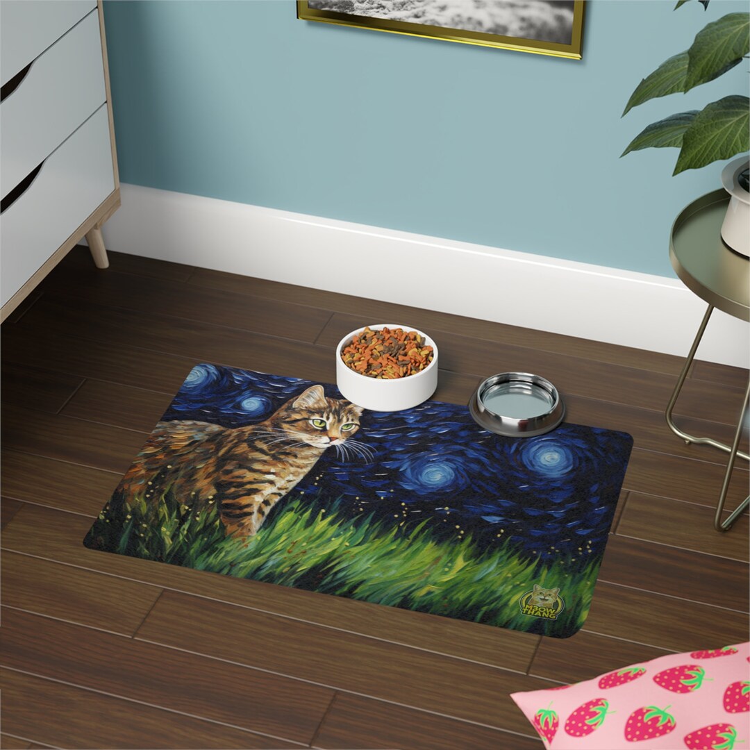 Pet Mat - Tabby Cat Starry Night Cat Feeding Mat Non-slip Rubber 12x18 ...