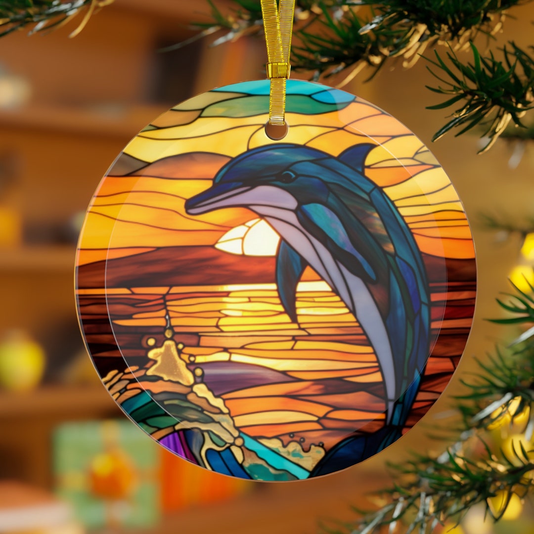 Dolphin in Tiffany Style Stained Glass Printed Beveled Round Glass ...