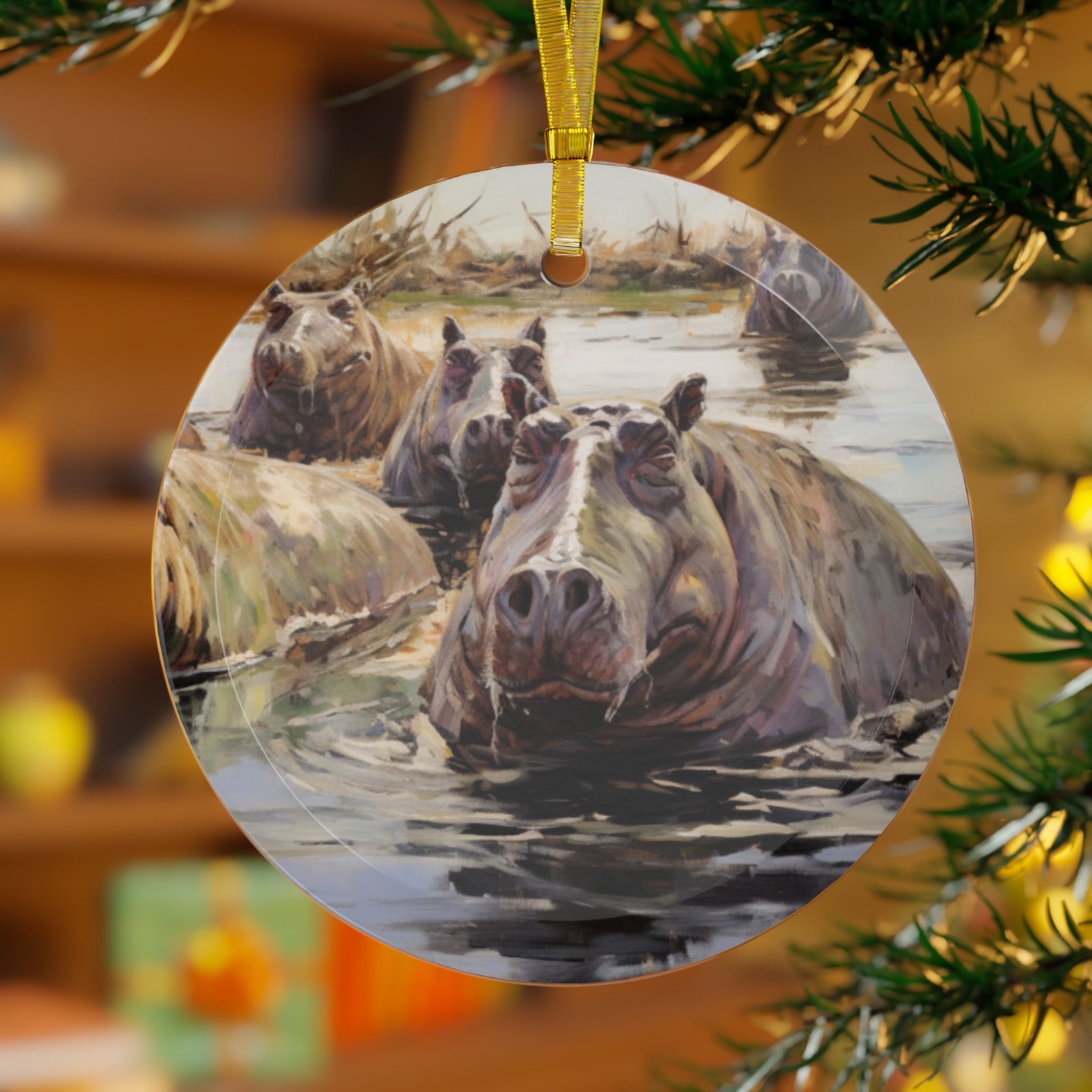 Hippo Oil Painting Palette Knife Impasto Style Printed Beveled Round ...