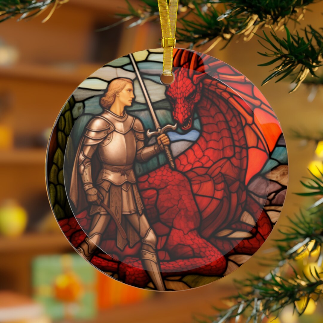 Knight Slaying a Dragon Tiffany Stained Glass Style Printed Beveled ...