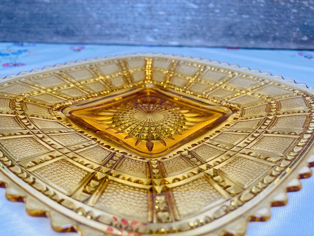 Vintage Imperial Glass Square Beaded Block Amber Luncheon Plate ...