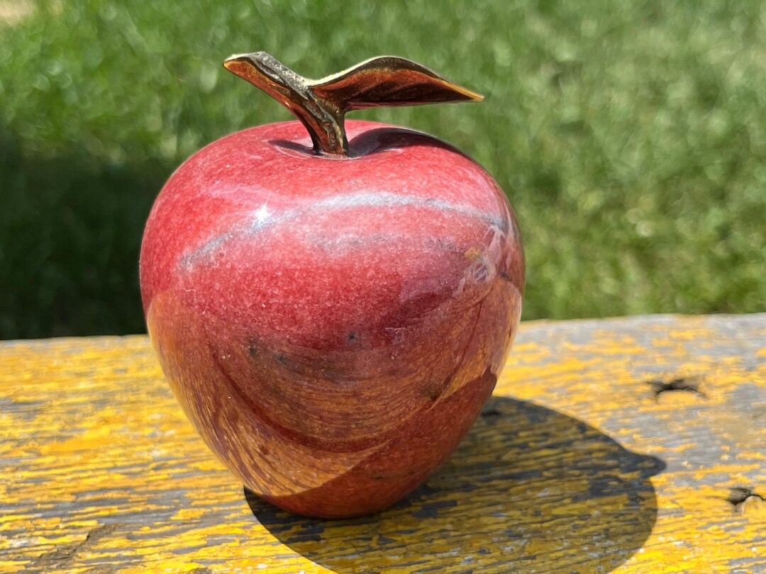 Apple Stone Brass Leaf Paperweight Vintage Kitchen Decor Sculpture ...