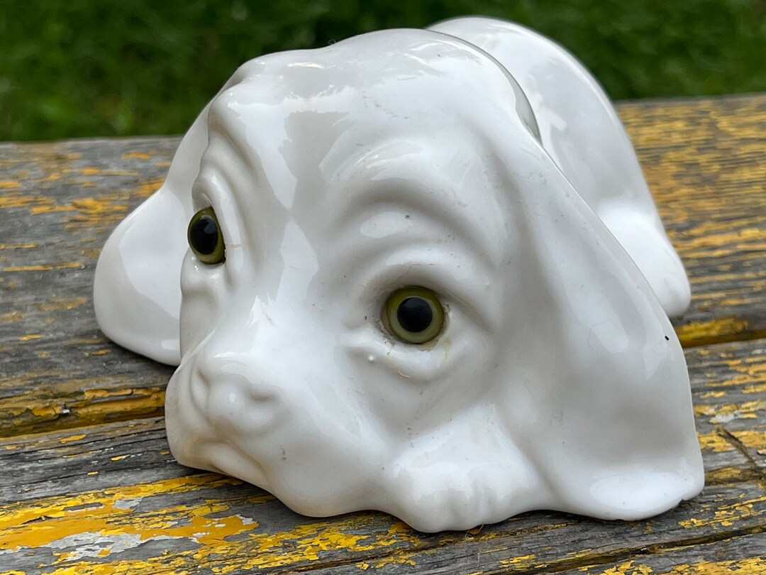 Canadiana Pottery Adorable White Puppy Dog Green Glass Eyes ...