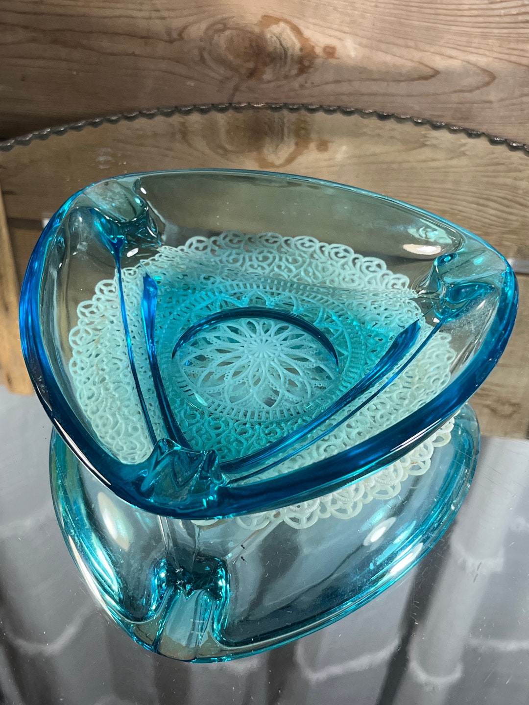 Ashtray Mid Century Hazel Atlas Aqua Blue Glass MCM Ashtray Triangle ...