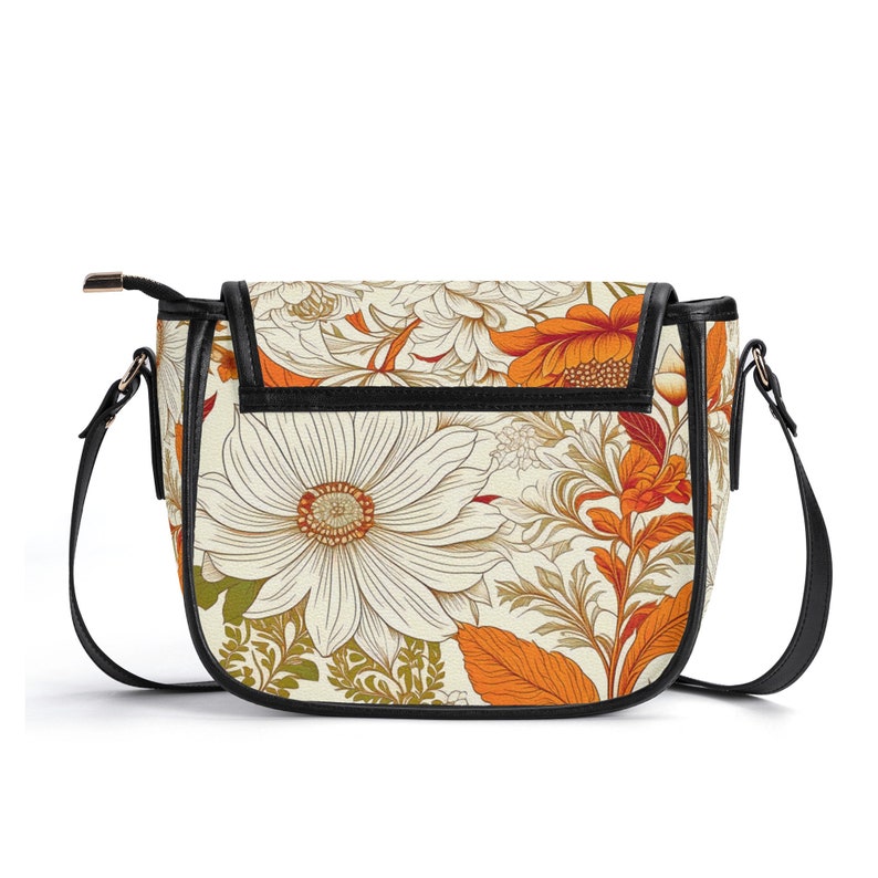 PU Leather Saddle Bag Saddle Bag Cottage Core Orange Green Wildflowers ...