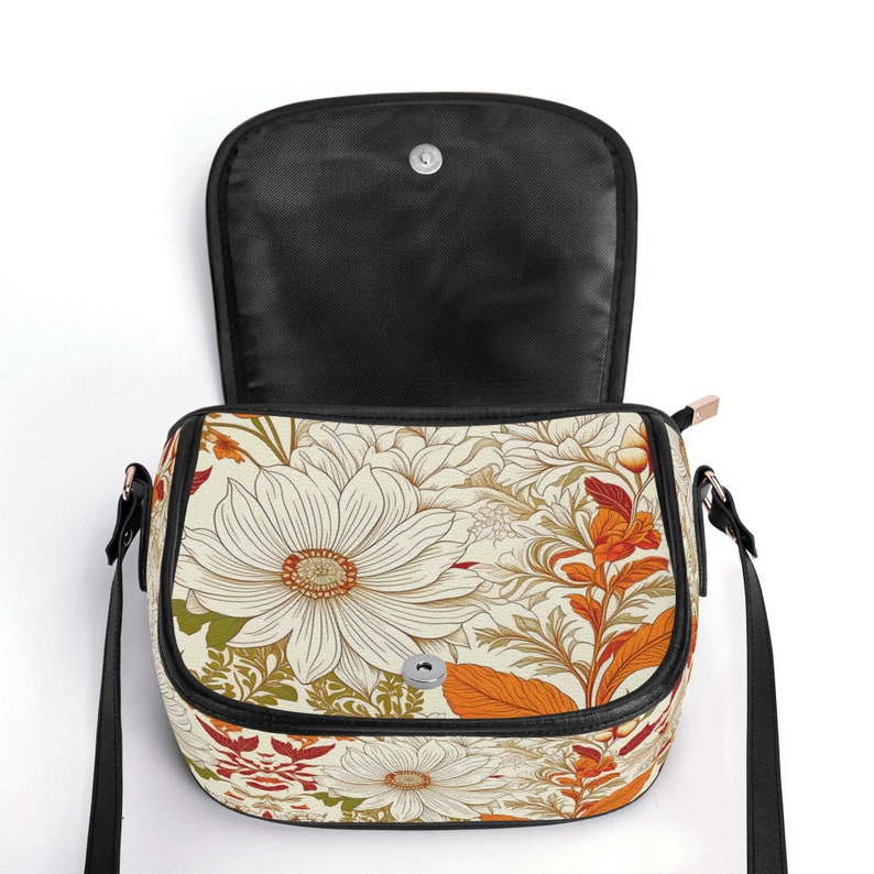 PU Leather Saddle Bag Saddle Bag Cottage Core Orange Green Wildflowers ...