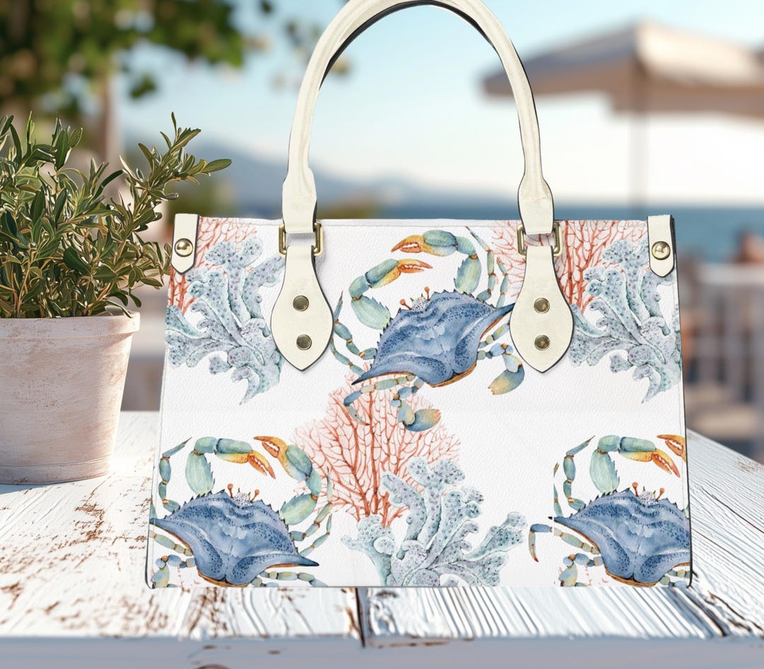 Beach Blue Crab Coral Reef Purse Design Small Tote Bag Spring Vacation ...