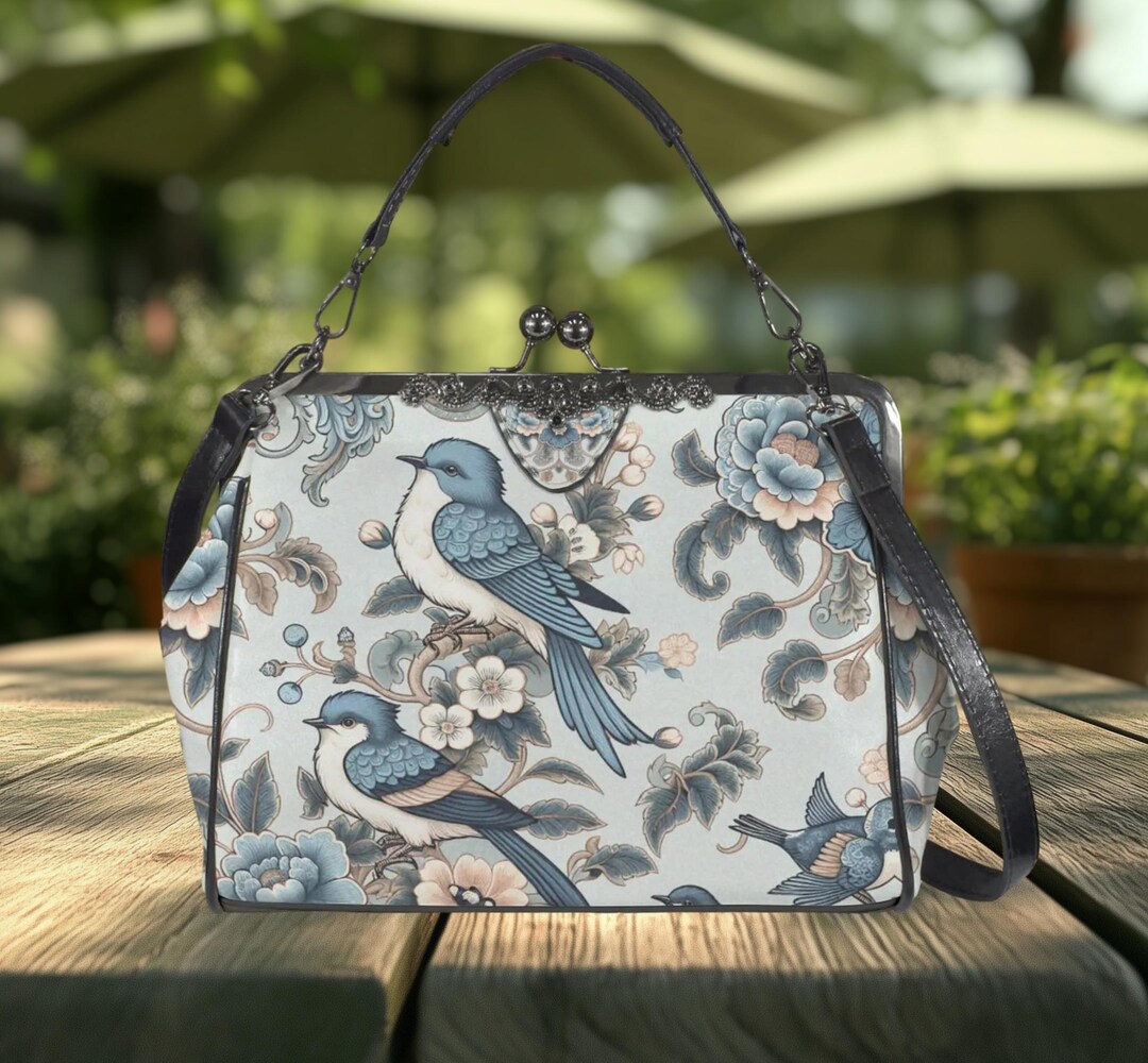 Blue Jay Birds Kisslock Clasp Design Purse Shoulder Bag Soft PU Vegan ...