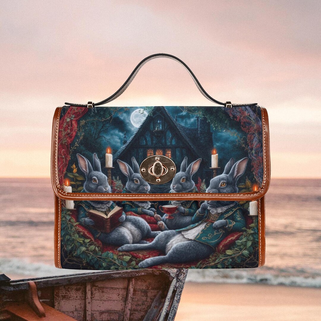 Satchel Canvas Bag-brown Messenger Beautiful Rabbits Reading Books in ...