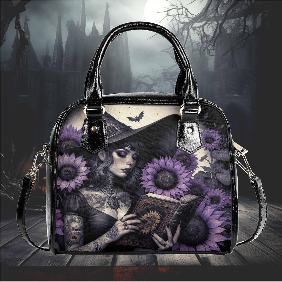 Whimsical Halloween Witch Reading a Book Floral Flower Purse Satchel ...