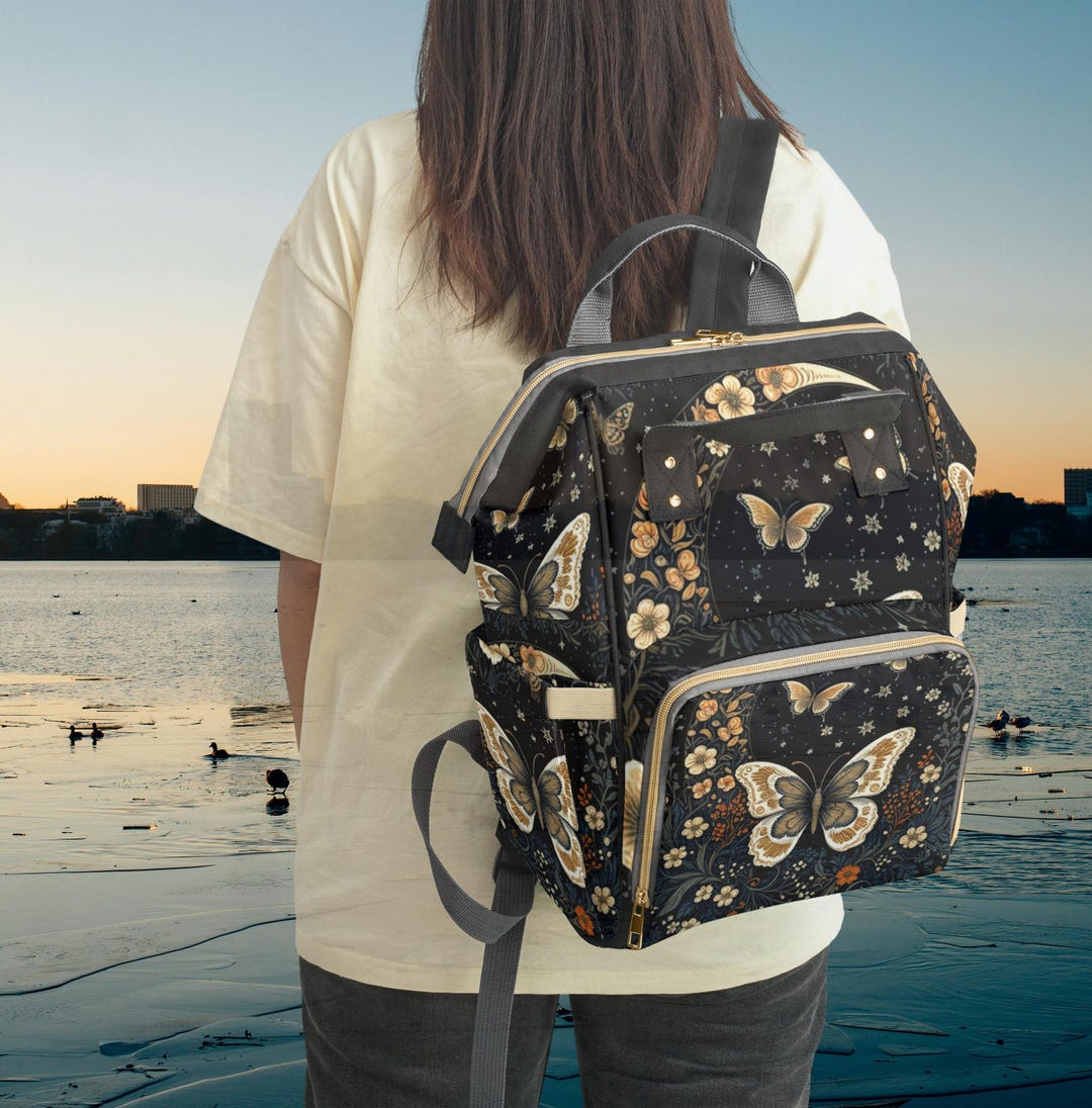 Butterfly Moon Flower Dark Cottage Core Multi Function Backpack Tablet ...