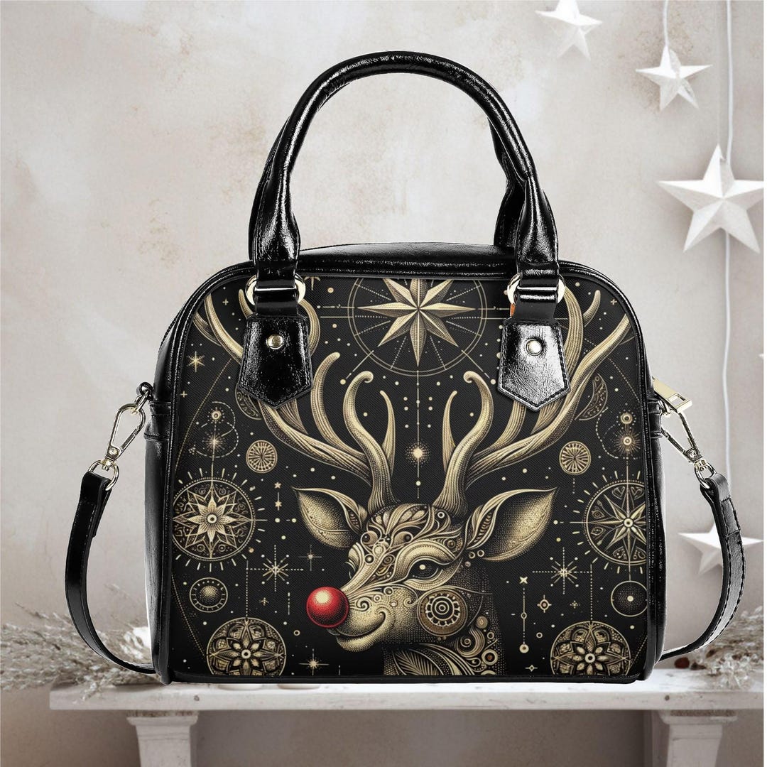 Christmas PU Vegan Leather Shoulder Handbag Holiday Purse Black ...
