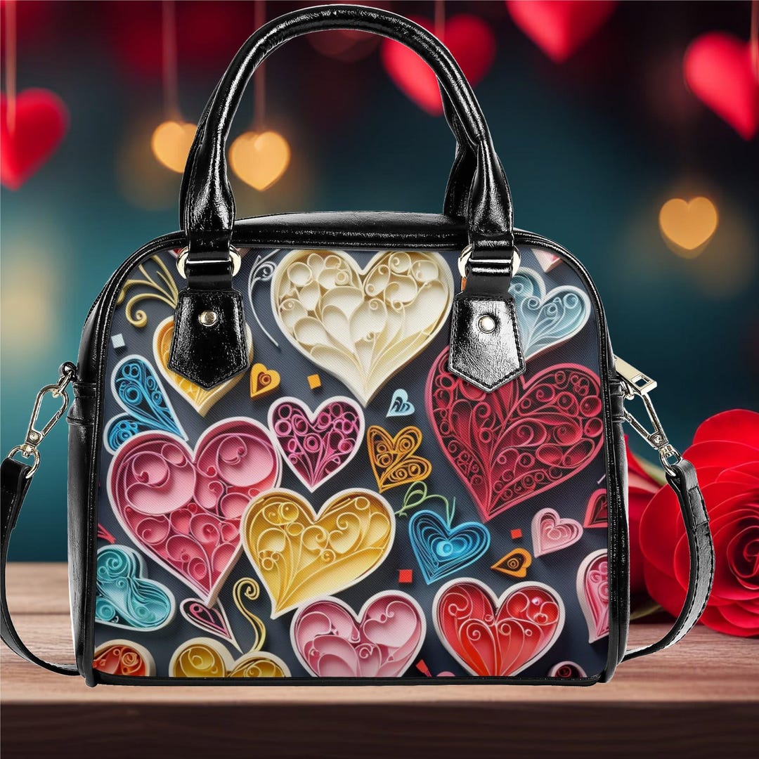 PU Vegan Leather Shoulder Handbag Hearts Design for Valentines Holiday ...