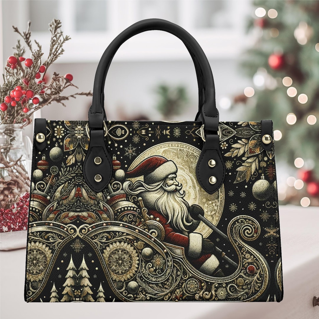 Christmas Whimsical Art Deco Santa Claus Sleigh Holiday Winter Handbag ...