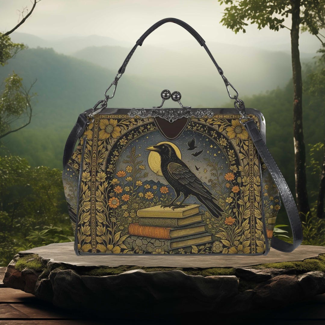Raven Black Bird Art Cottage Core Floral Wildflower Purse Handbag PU ...