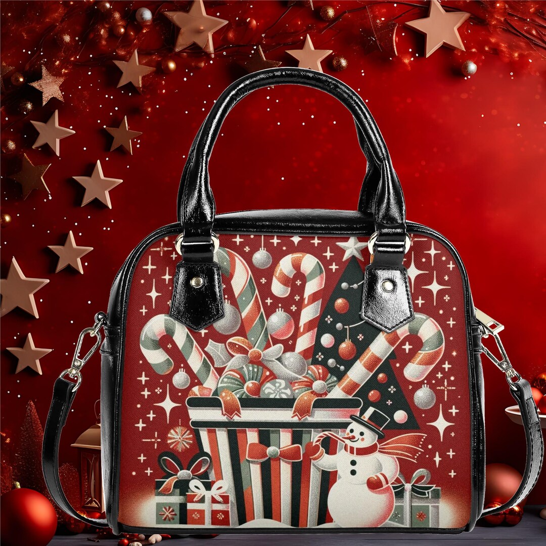 Christmas PU Vegan Leather Shoulder Handbag Holiday Purse Black ...