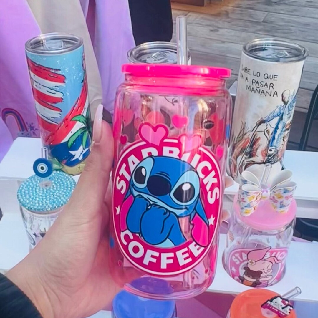 Valentines Day Cup Vday Cup Alien Glass Cup Stitch Glass Cup Pink Glass ...