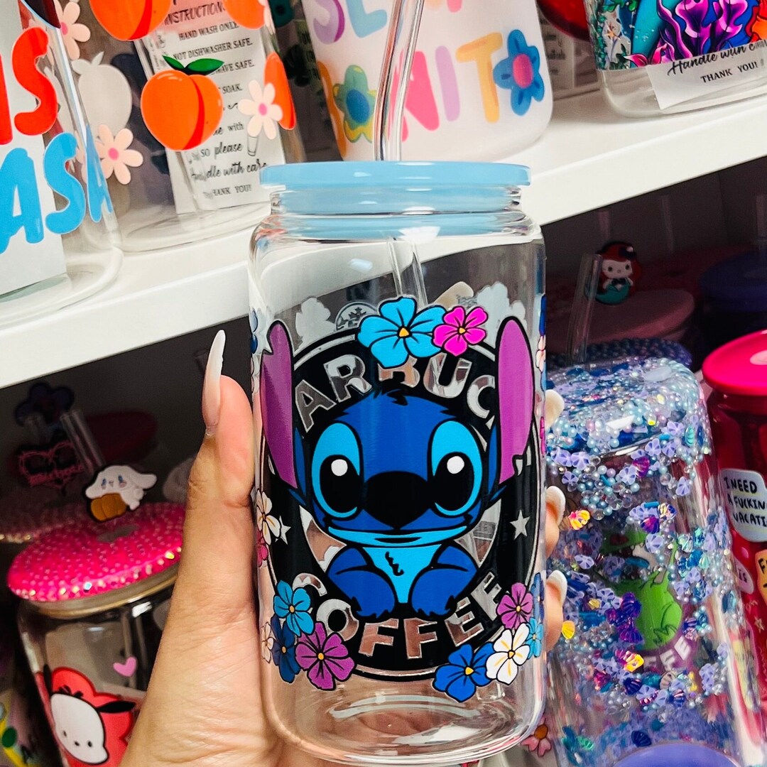 Valentines Day Cup Vday Cup Alien Glass Cup Stitch Glass Cup Pink Glass ...