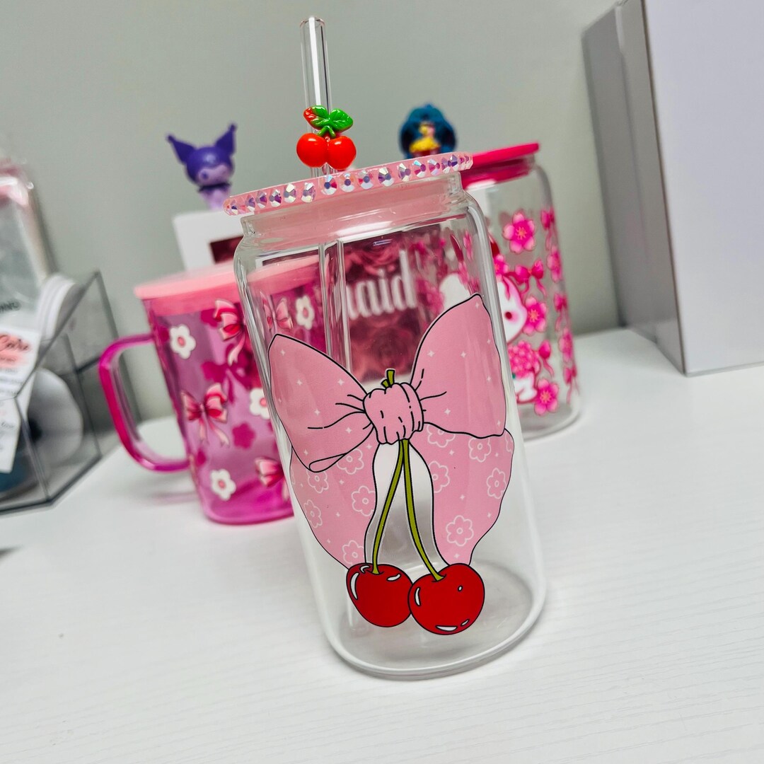Cherries Cup | Cherry Cup | Coquette Cup | 16oz Cup | Glass Cup | Ice Coffee Cup - Etsy