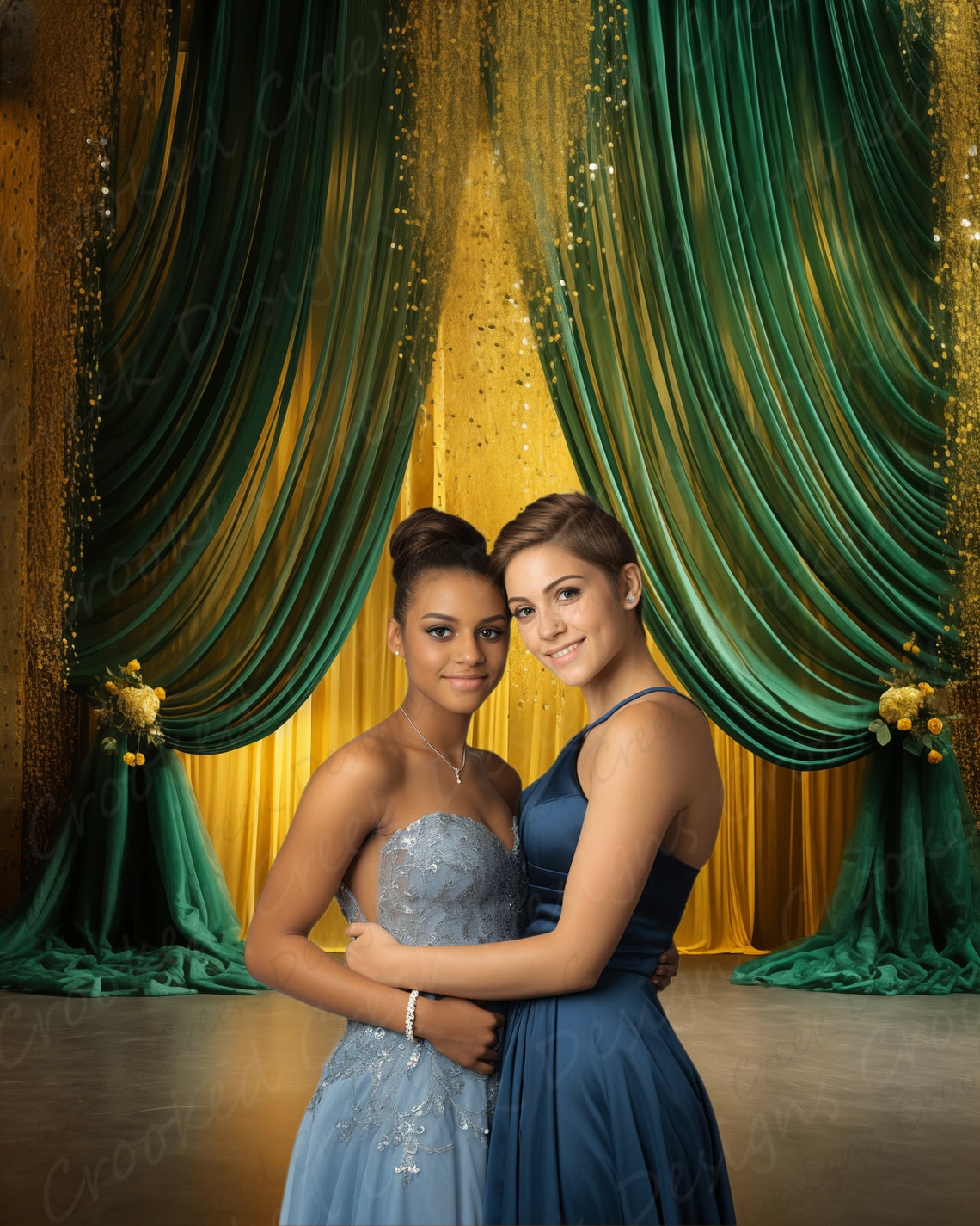 Green and Gold Curtain Digital Backdrop: School Colors Prom Background ...
