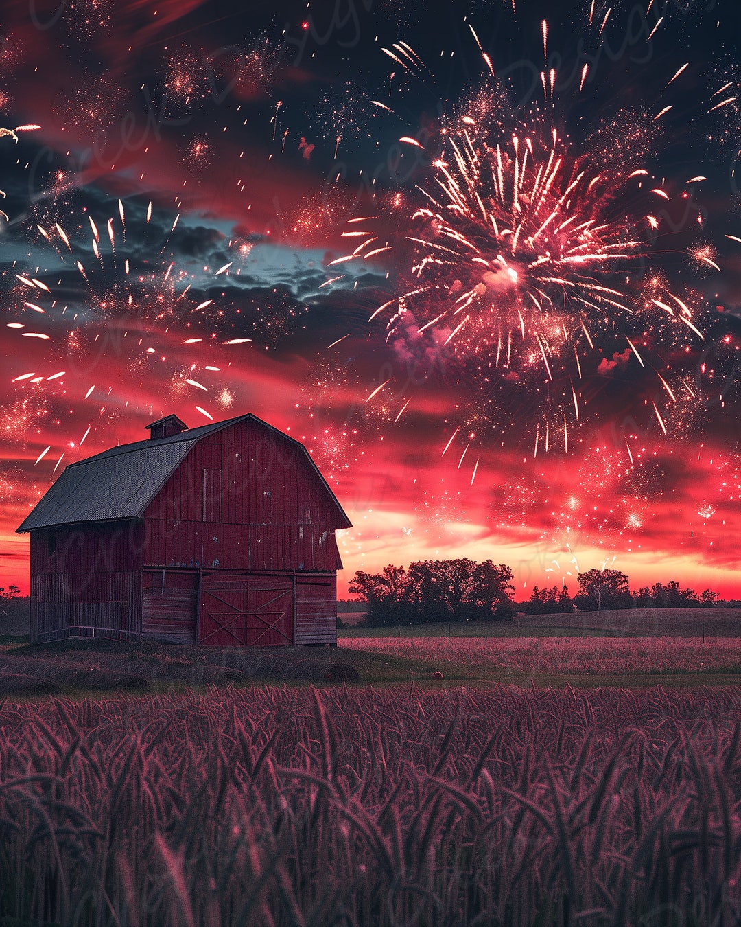 4th of July Digital Backdrop, Red Barn and Fireworks Photobooth Digital ...