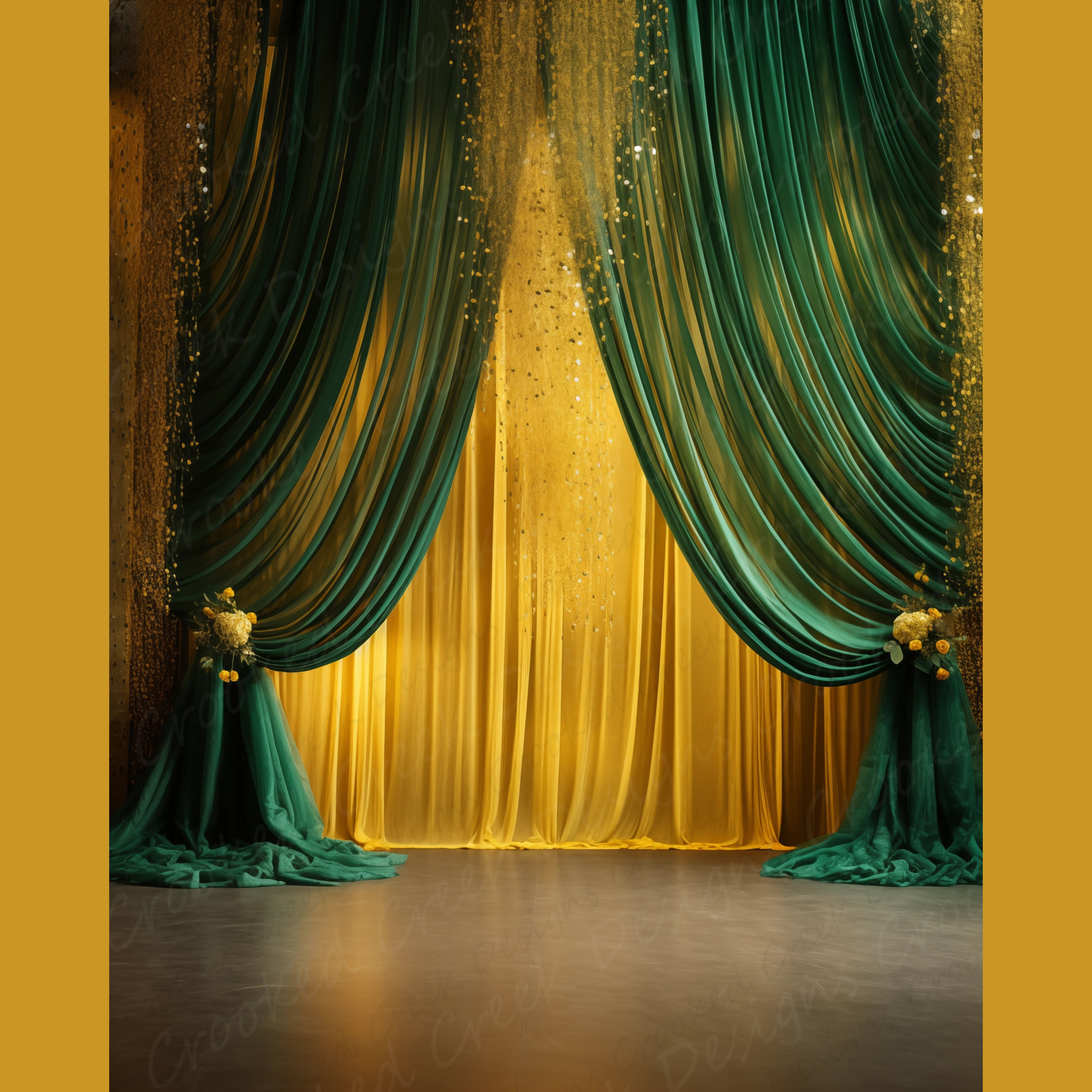 Green and Yellow Digital Backdrop Curtains | Green and Gold School ...