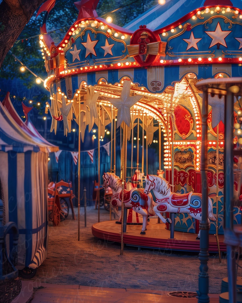 Red White and Blue Carousel Digital Background, 4th of July Backdrop ...